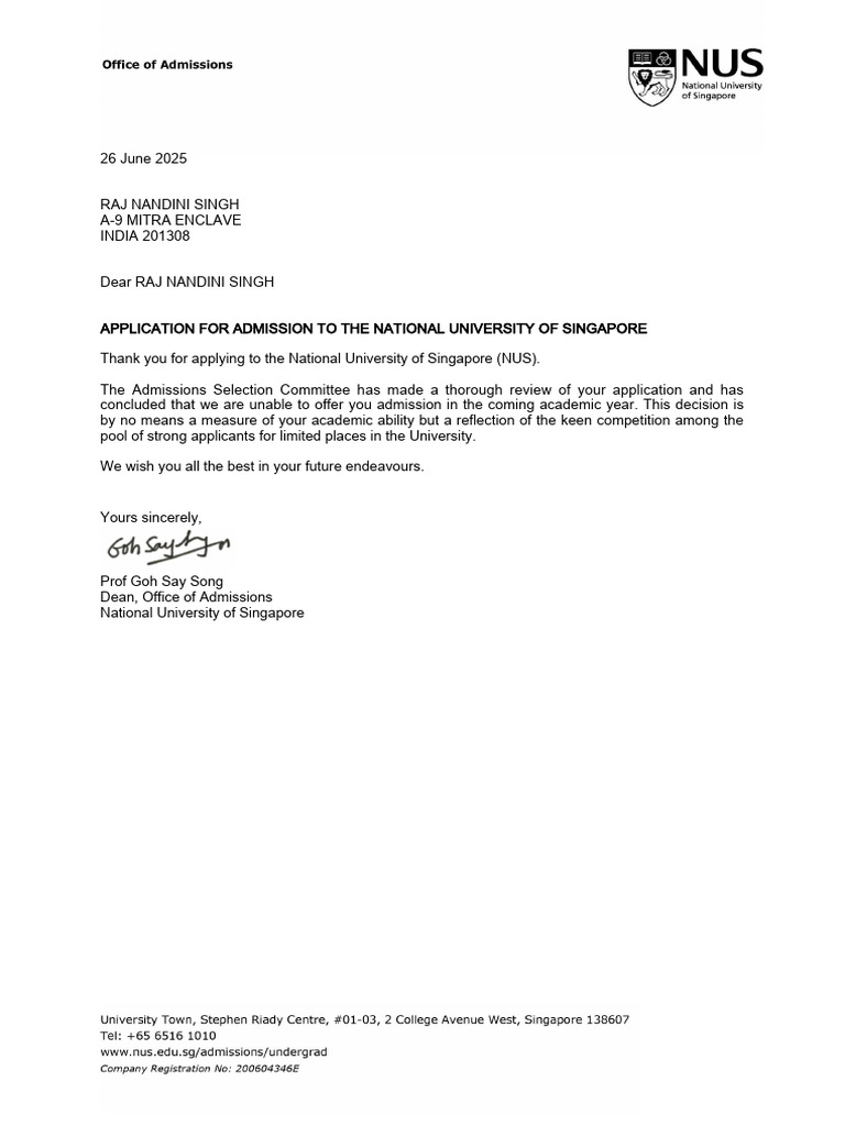 NUS Admission Outcome Letter - 20250629 - 132618 - 91901333 | PDF