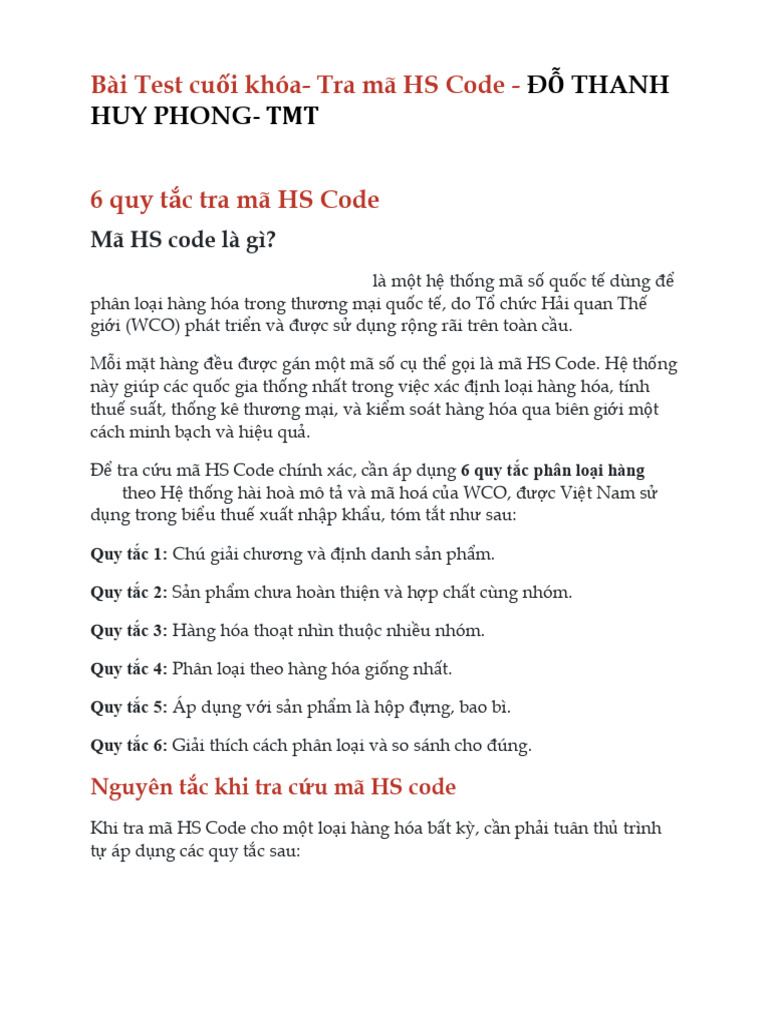 Bài Test Cuối Khóa- Tra Mã Hs Code - Đỗ Thanh Huy Phong | PDF