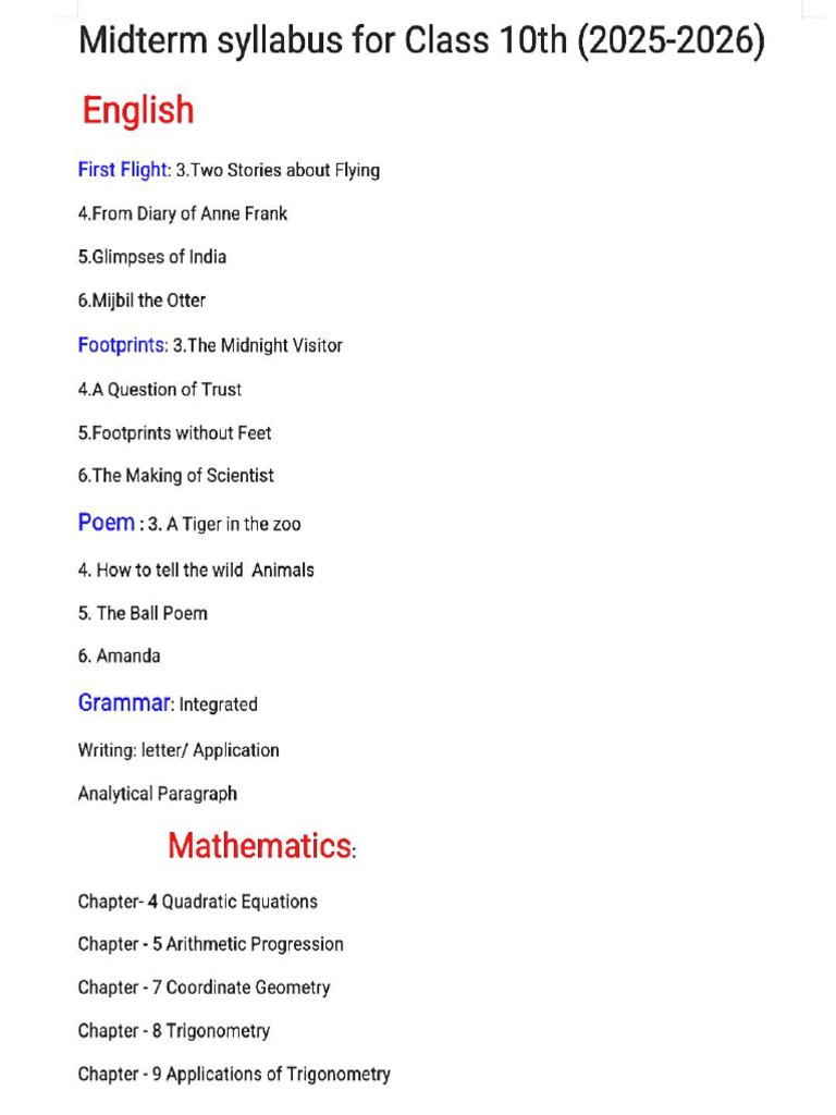 Mid Term Syllabus Class X | PDF
