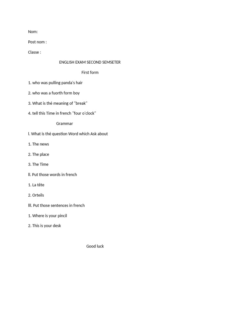 English Exam First Form | PDF