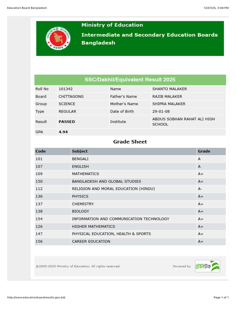 SSC Marksheet | PDF | Bangladesh