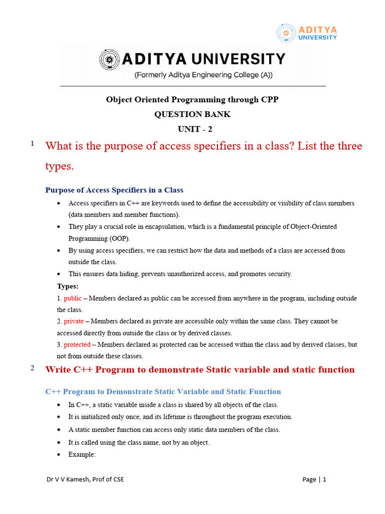 C++ Object-Oriented Programming Question Bank | PDF | Class (Computer Programming) | Method ...