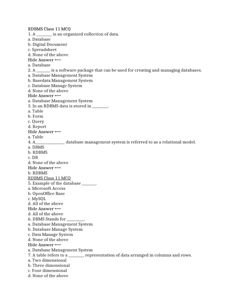 CH - 4 Rdbms Class 11 MCQ | PDF | Relational Database | Databases