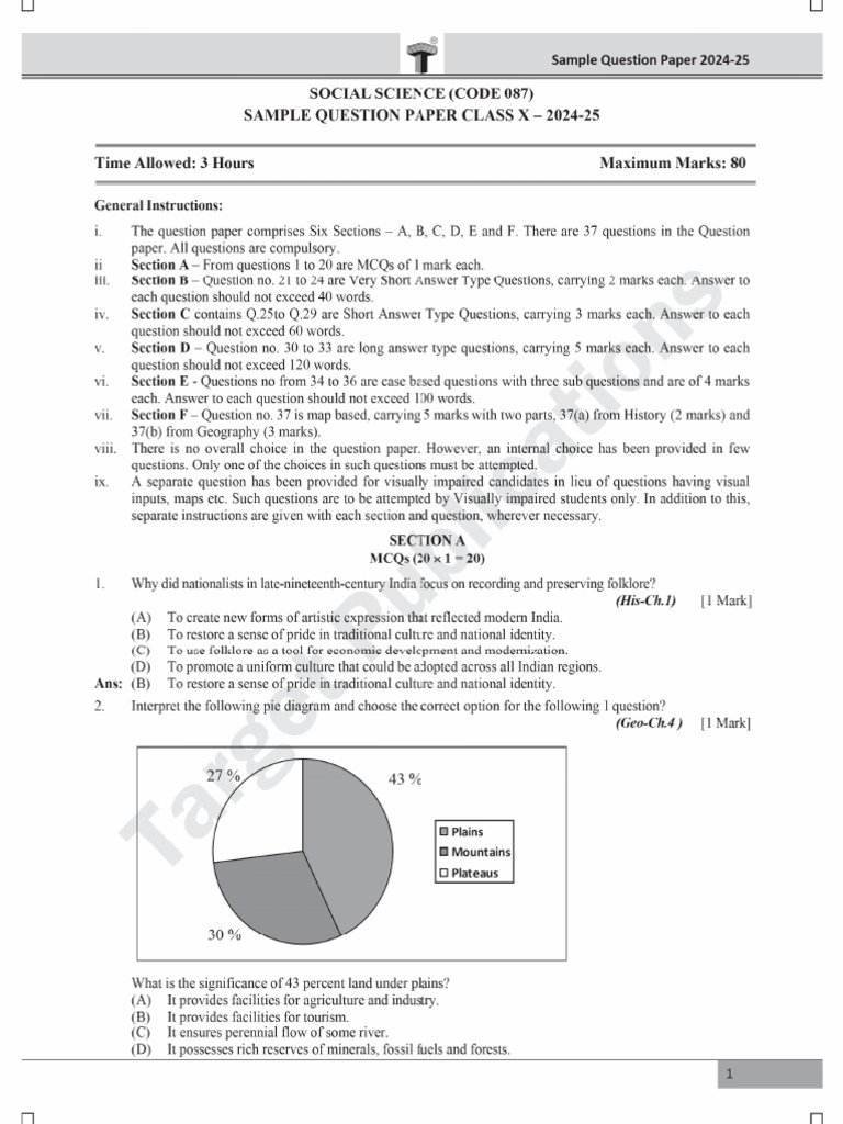 Class 10th CBSE - Social Science - CBSE Sample Question Paper (SQP 2024 ...