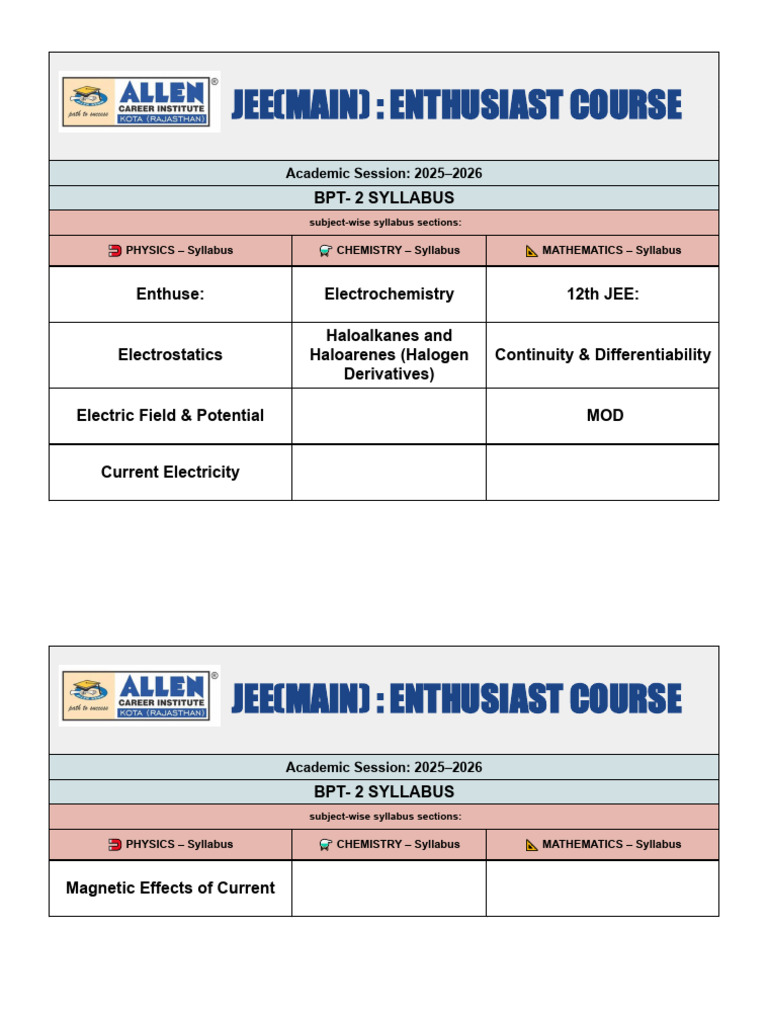 BPT - 2 Syllabus 12 Jee 1 | PDF