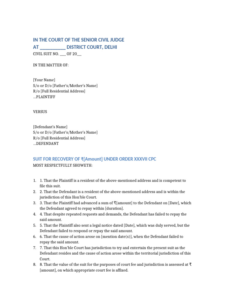 Recovery Suit Template for Delhi Court | PDF | Lawsuit | Justice