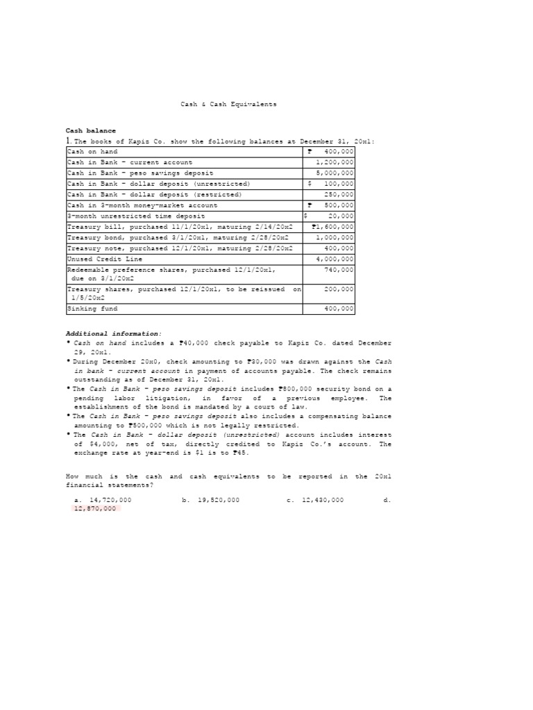 Topic 1. Cash & Cash Equivalents (MCQ-Classroom Discussion) | PDF ...