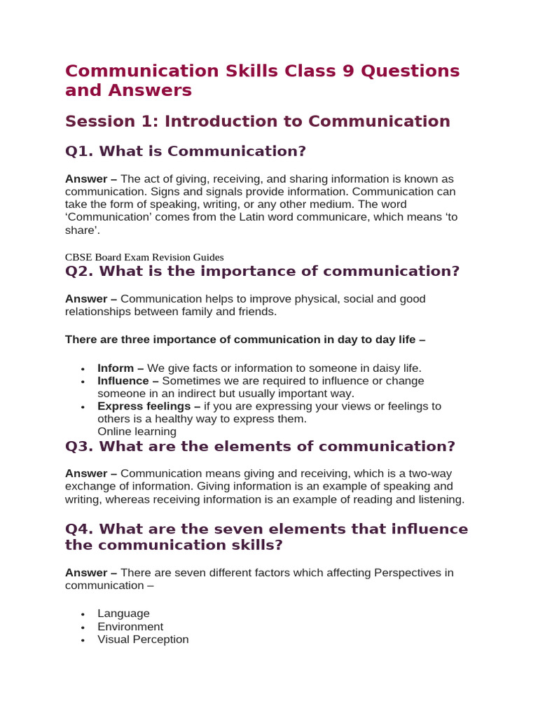Communication Skills Class 9 Questions and Answers | PDF | Verb ...