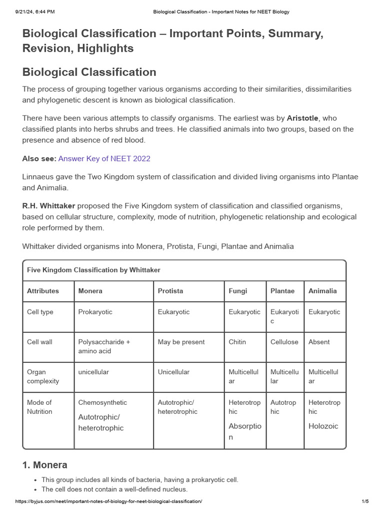 NEET Notes on Biological Classification | PDF | Fungus | Protozoa