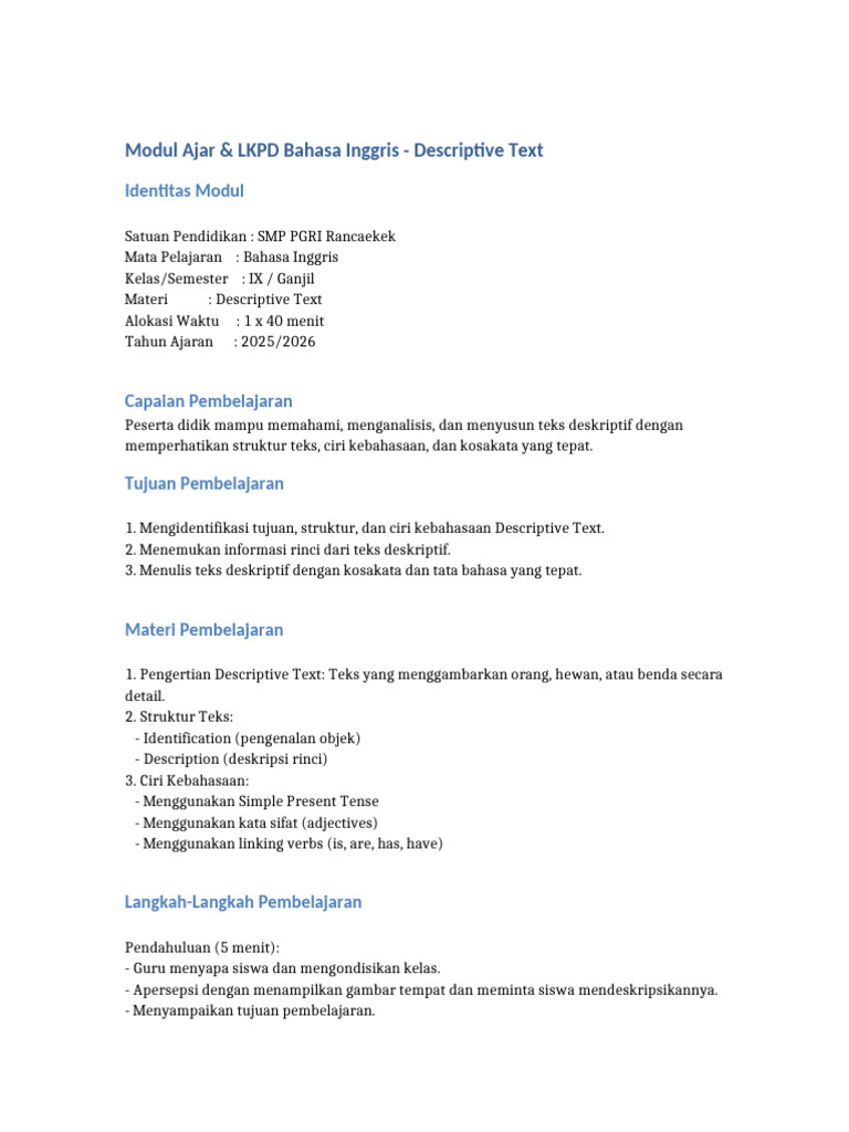 LKPD Descriptive Text Kelas 9 | PDF