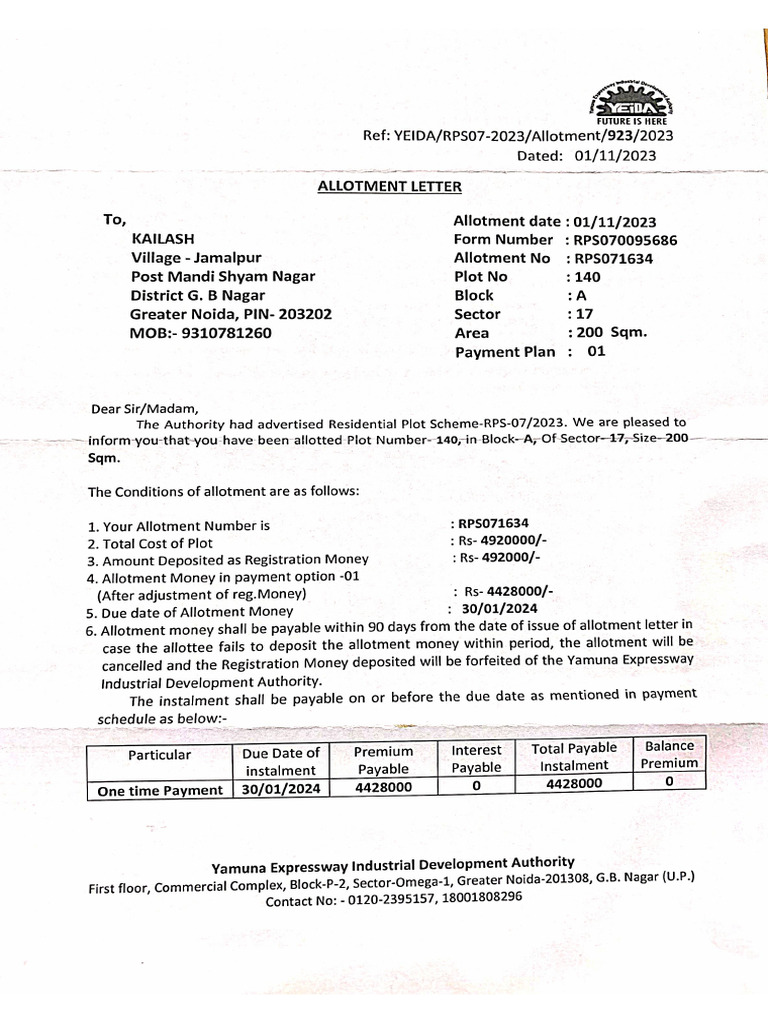 Allotment Letter YEiDA | PDF