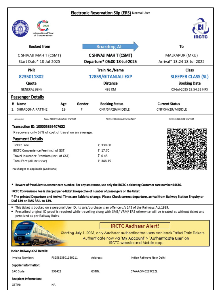 Electronic Reservation Slip for Train Travel | PDF | Identity Document ...