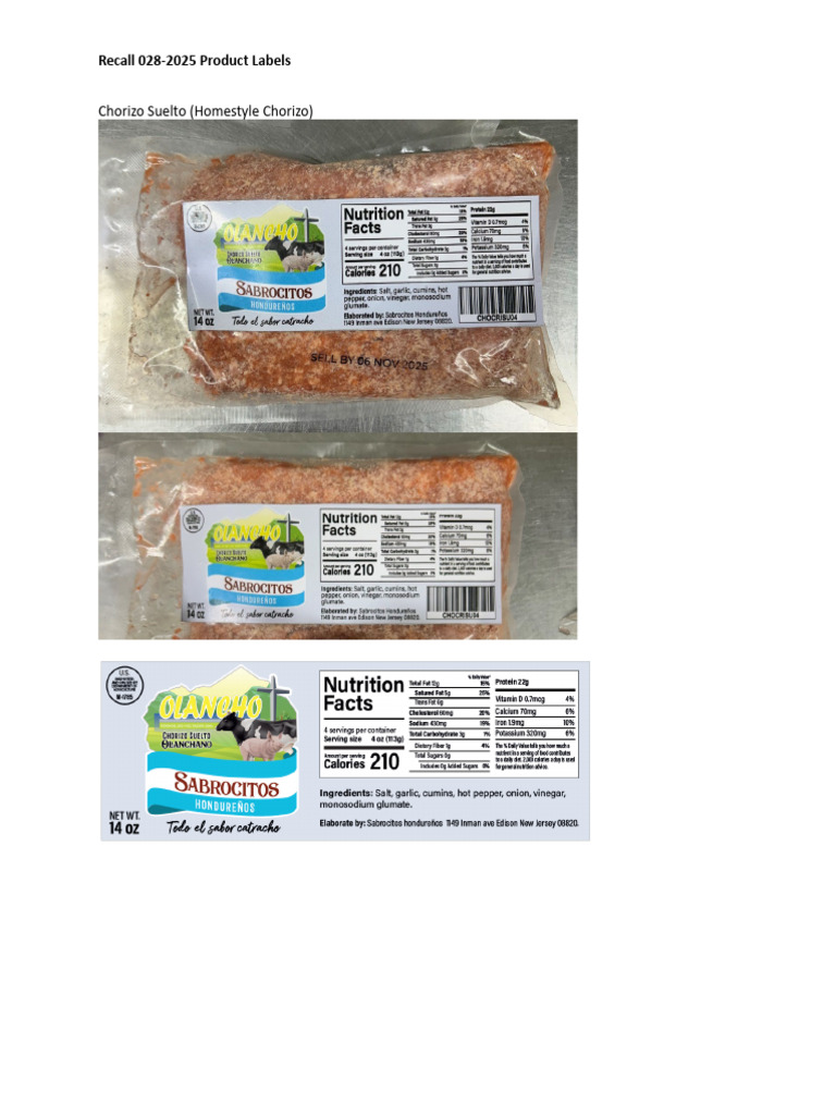 Recall 028-2025: Chorizo & Pork Labels | PDF