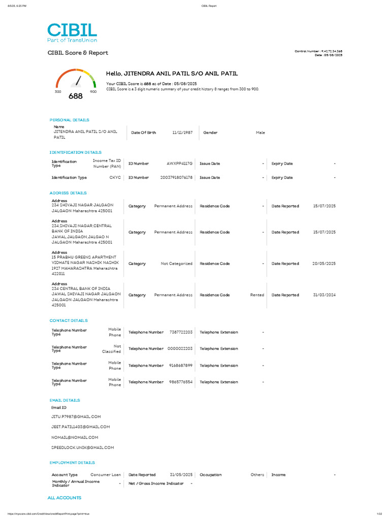 CIBIL Report for Jitendra Patil | PDF | Credit | Finance & Money Management