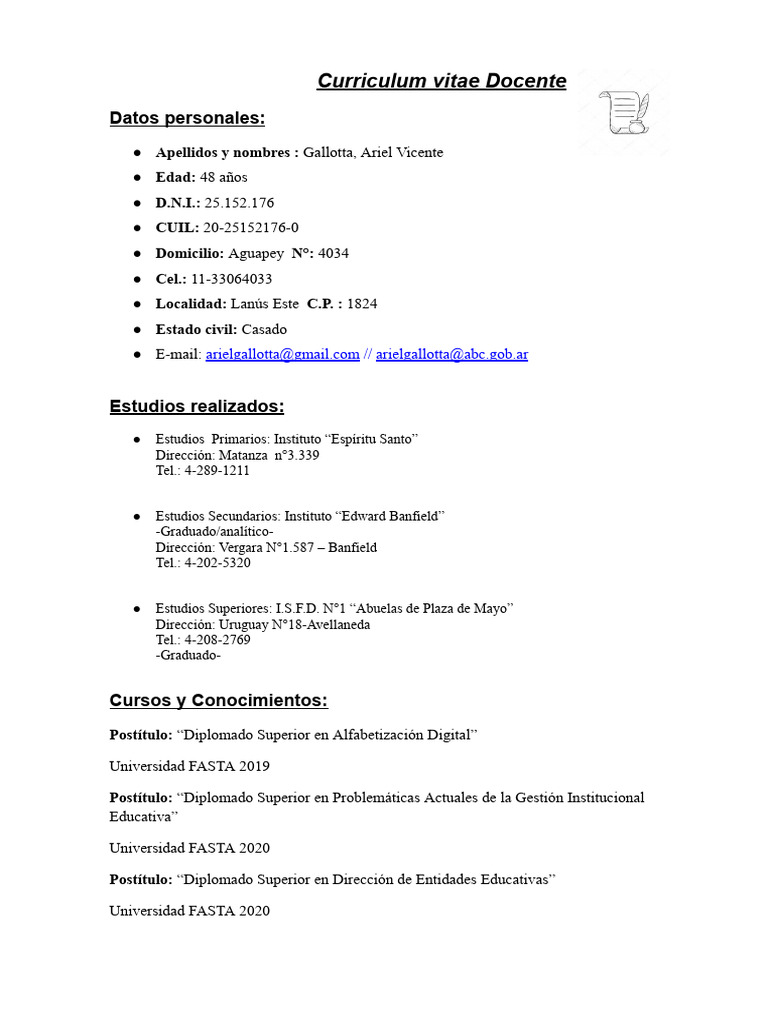 CV Docente-Ariel Gallotta 2024 | PDF | Maestros | Aprendizaje