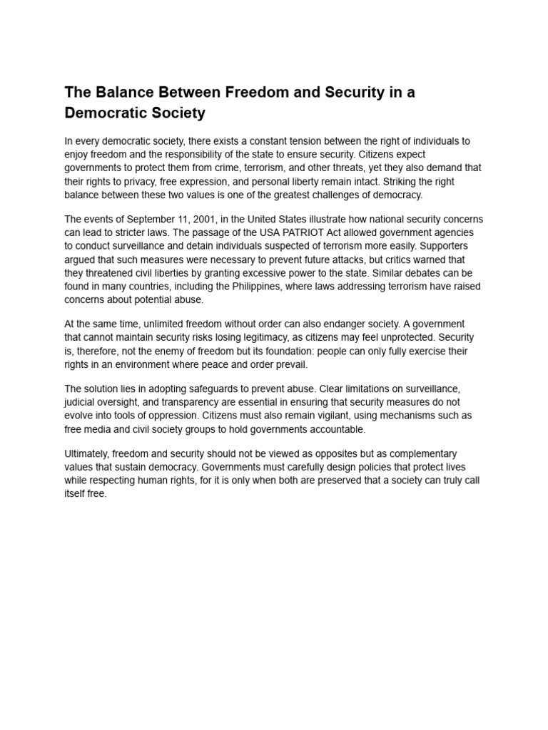 Sample Essay - The Balance Between Freedom and Security in a Democratic ...