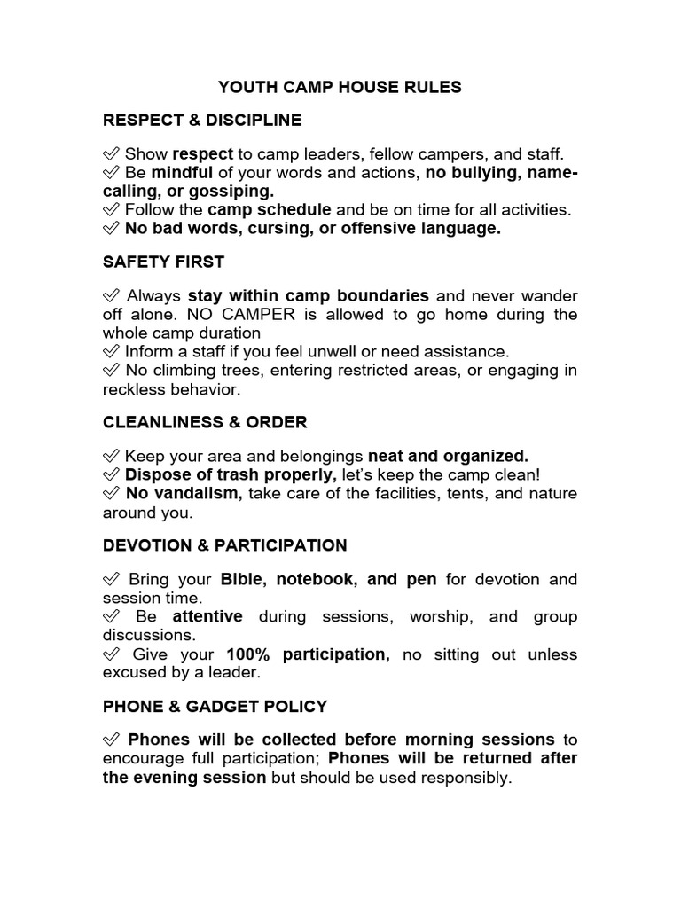 Youth Camp House Rules and Guidelines | PDF