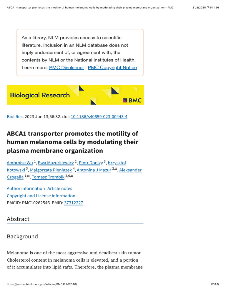 ABCA1 Transporter Promotes The Motility of Human Melanoma Cells by ...
