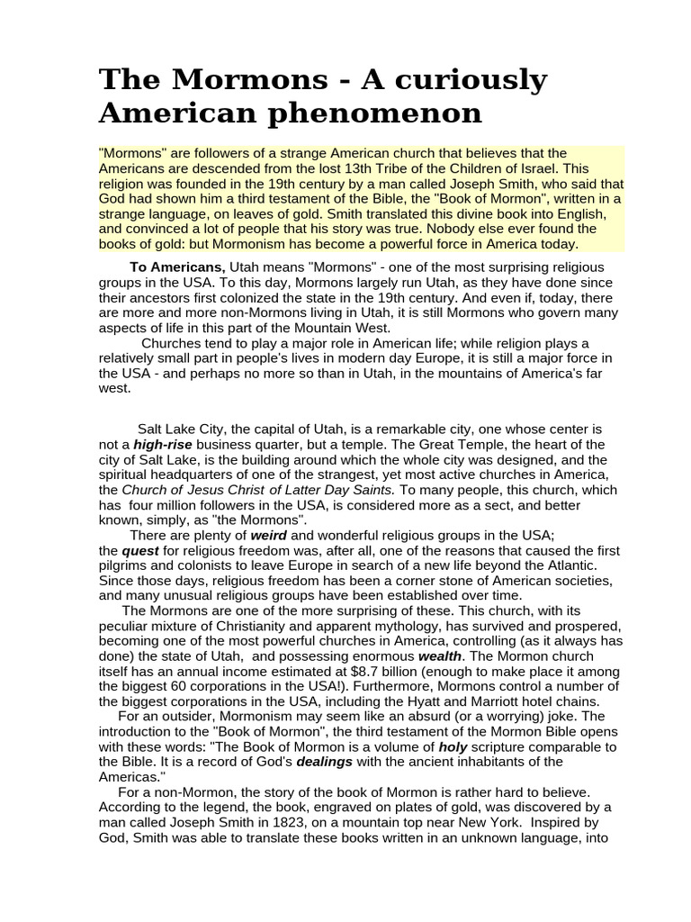 The Mormons - A Curiously American Phenomenon | PDF | The Church Of ...