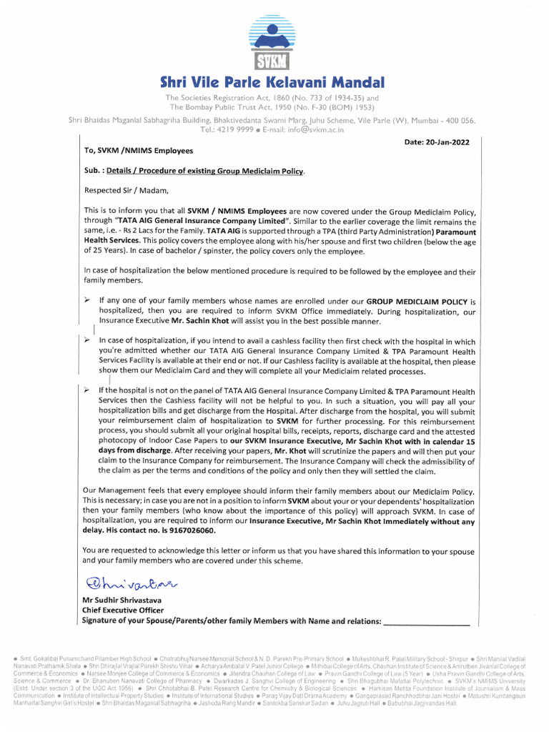 Group Mediclaim Policy Acknowledgement of Family | PDF