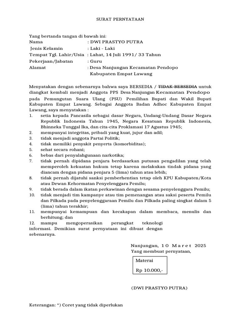 Surat Pernyataan Anggota PPS Nanjungan | PDF