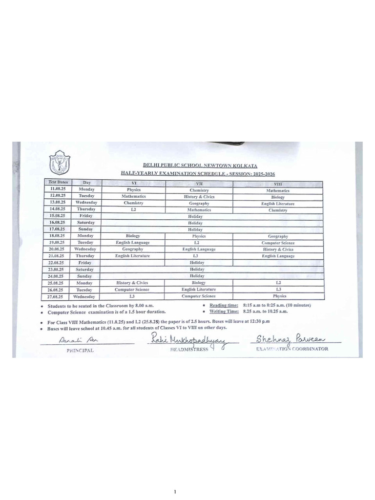 Half Yearly Timetable 2025 | PDF