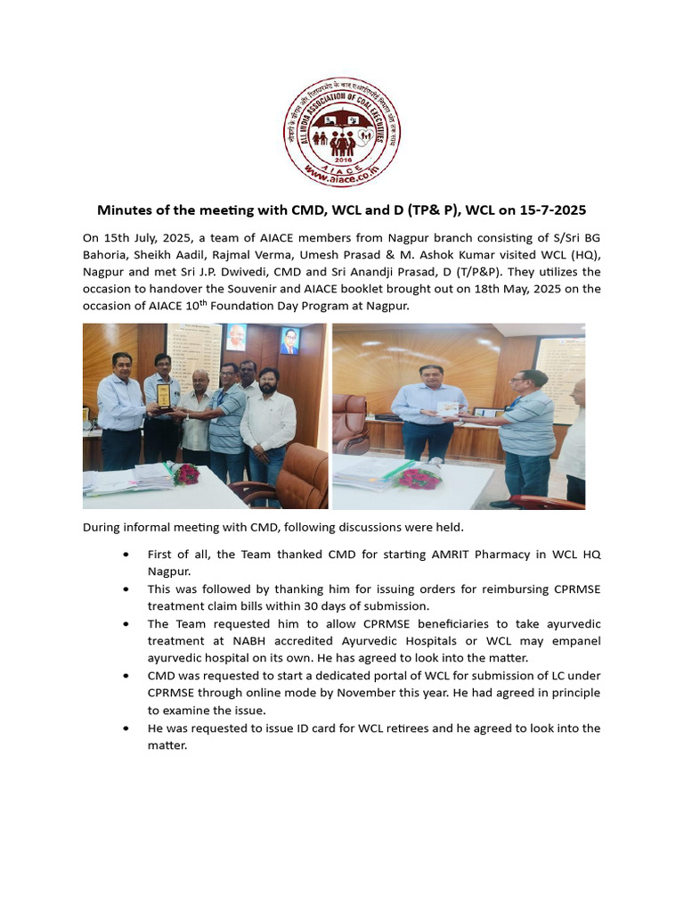 1-Minutes of The Meeting With CMD, WCL and D (TP& P), WCL On 15.7.25 | PDF