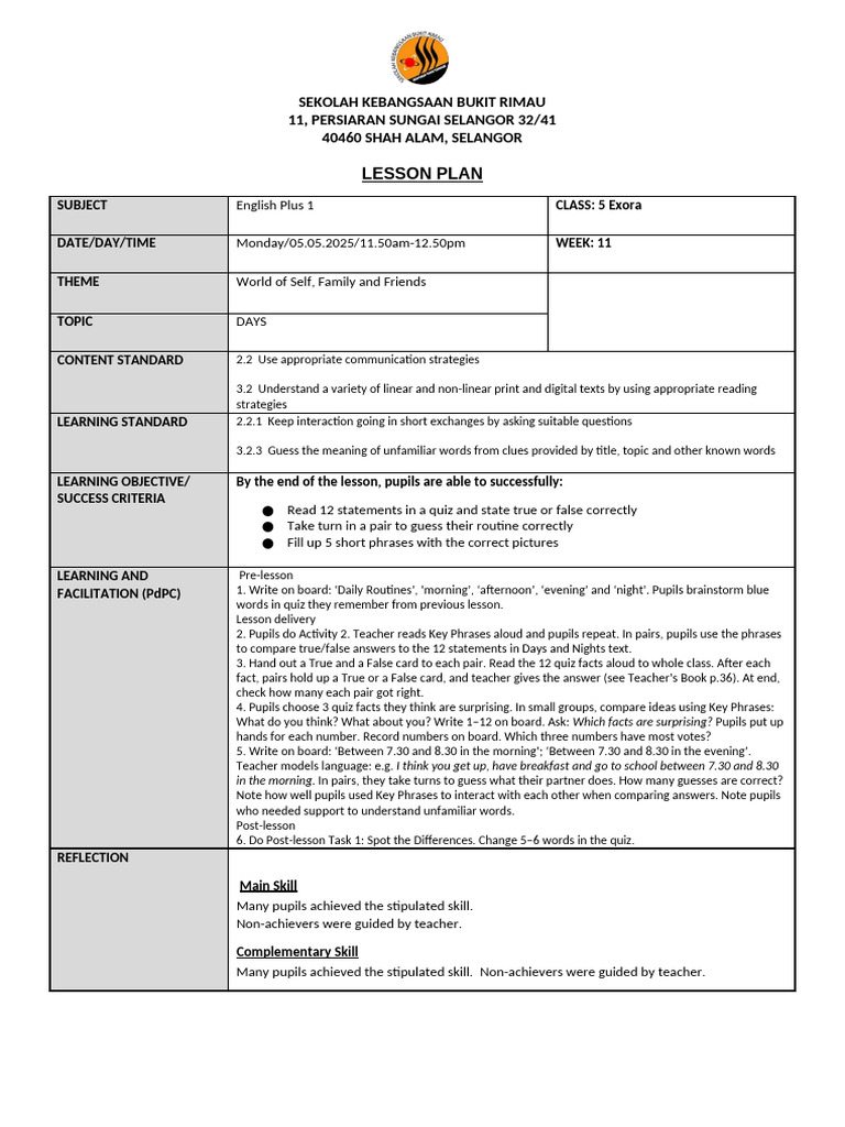English Lesson Plan Week 11 | PDF | Lesson Plan | Teachers