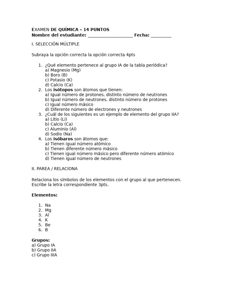 Examen de Química: Isótopos y Elementos | PDF