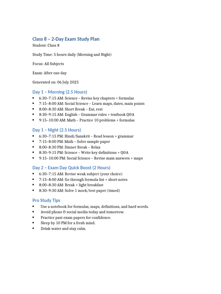 Class 8 Exam Study Timetable | PDF