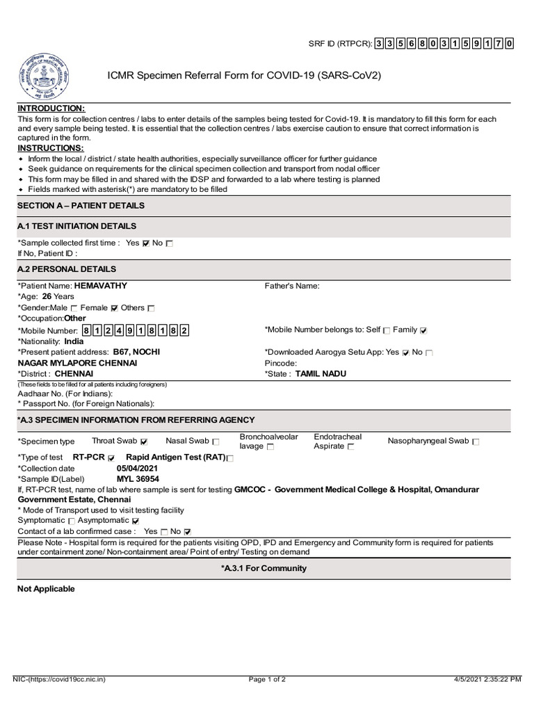 Icmr Specimen Referral Form For Covid-19 (Sars-Cov2) : (These Fields To ...