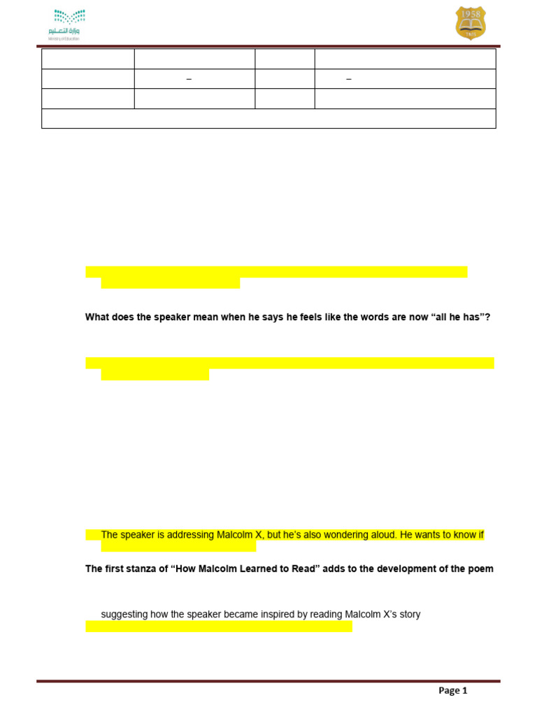 Week 5-G3.6-Literature-Unit 6-How Malcolm Learned To Read - Answer Key ...