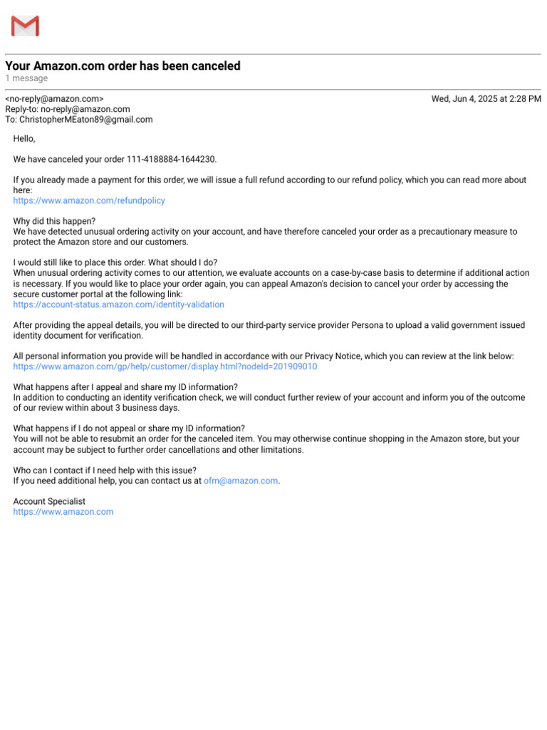 Gmail - Your Amazon - Com Order Has Been Canceled | PDF