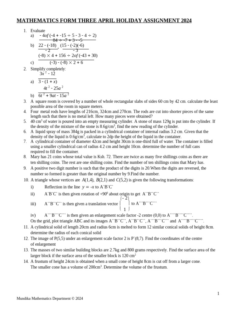 Math Form Three April Holiday Assignment 2024 | PDF | Compound Interest | Sphere