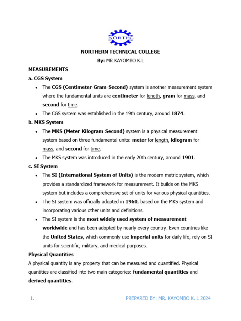 SI Units of Fundamental Physical Quantities Lecture Notes | PDF ...