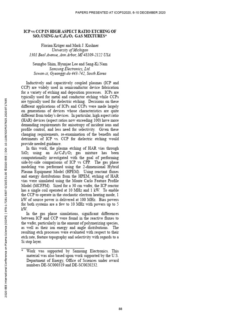 ICP vs CCP in High Aspect Ratio Etching of SiO2 Using Ar C4F8 O2 Gas ...