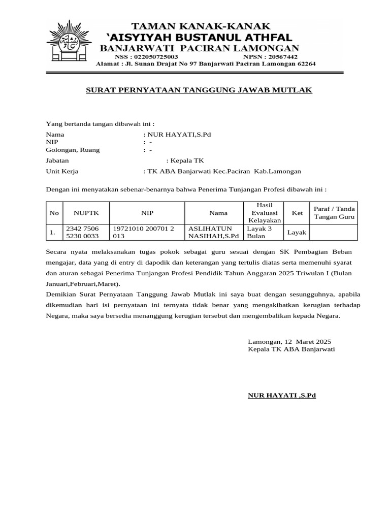 Surat Pernyataan Tanggung Jawab Mutlak | PDF