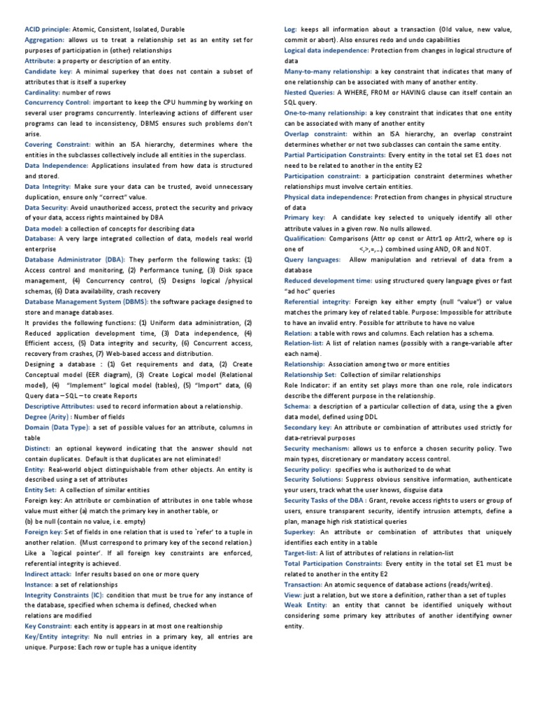 Midterm Cheat Sheet Relational Database Databases