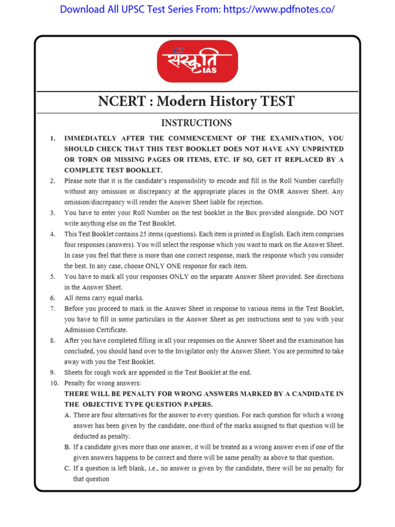 NCERT TEST 1 Modern History | PDF