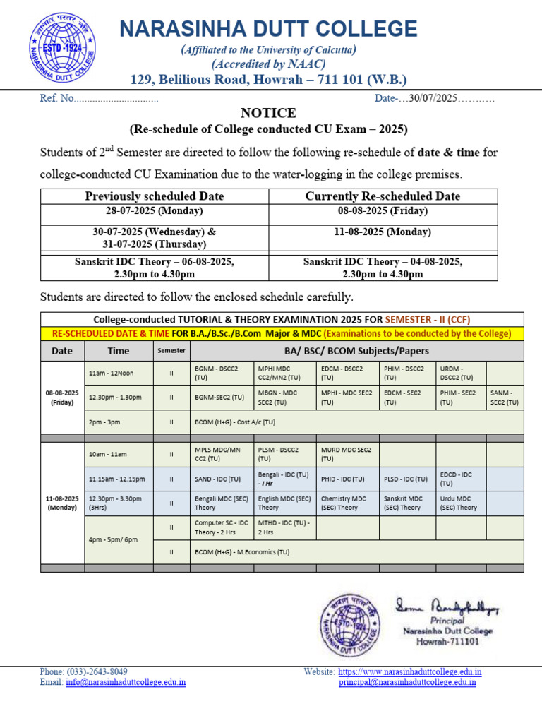 CU 2nd Semester Exam Reschedule 2025 | PDF | Vocational Education ...