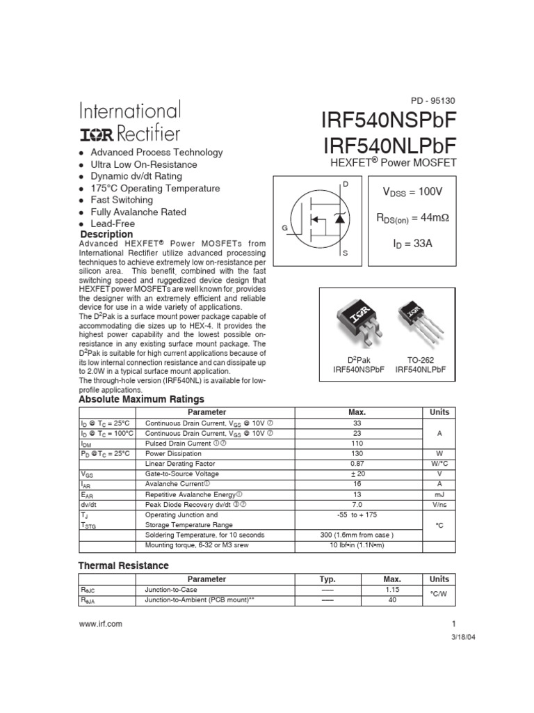 Infineon Irf540ns Hex Nmosfet | PDF | Mosfet | Diode