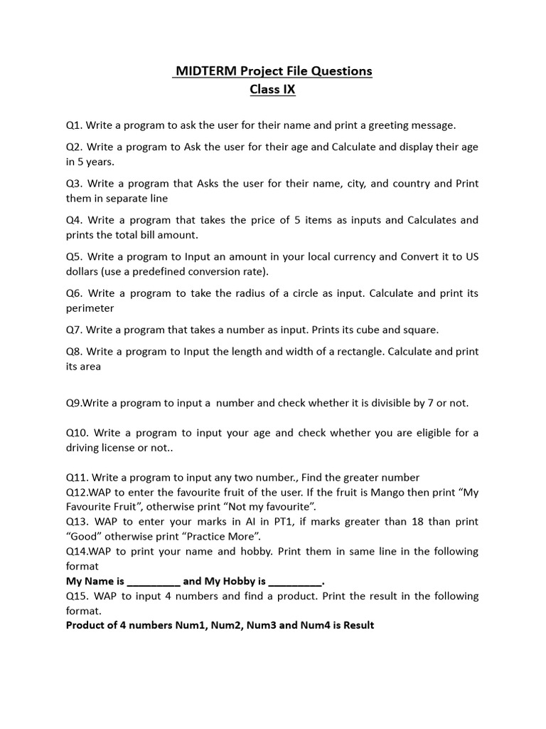 Class IX Programming Project Questions | PDF