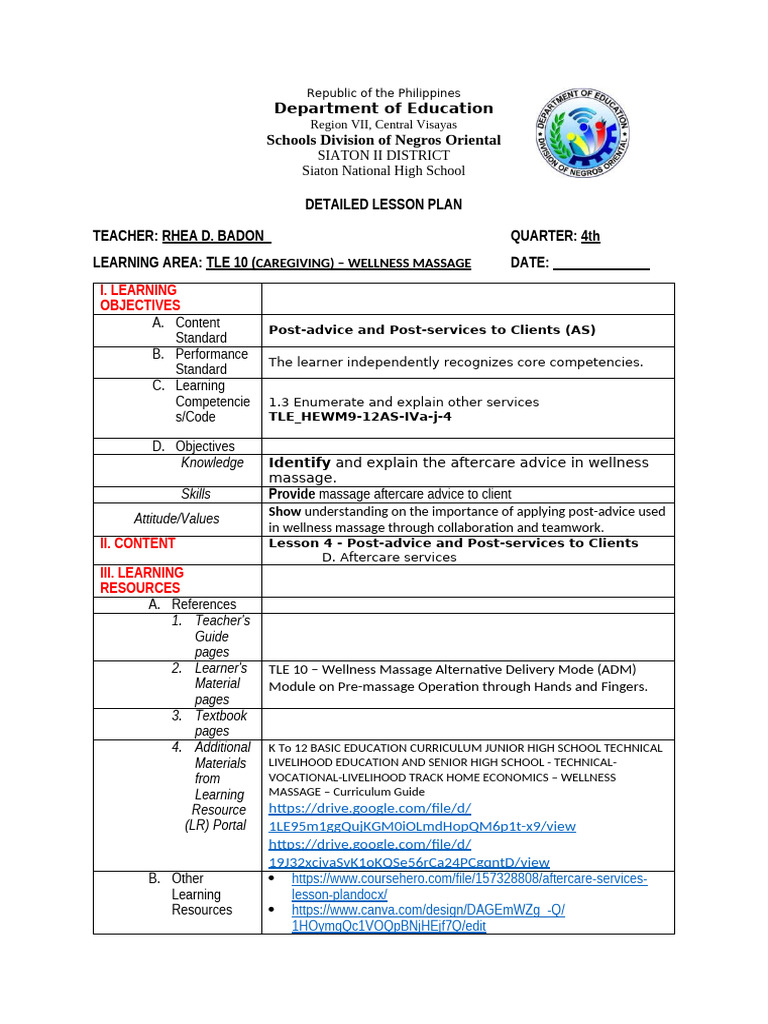 Tle 10 Careiving Cot 4th Pdf Learning Curriculum