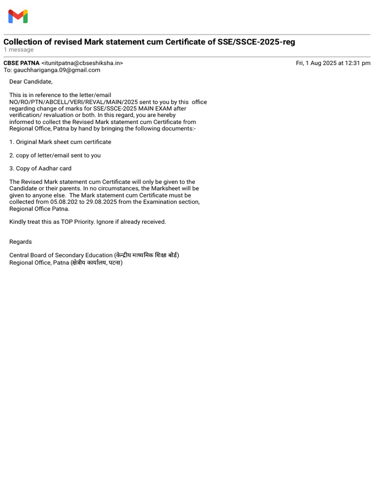 Gmail - Collection of Revised Mark Statement Cum Certificate of SSE ...