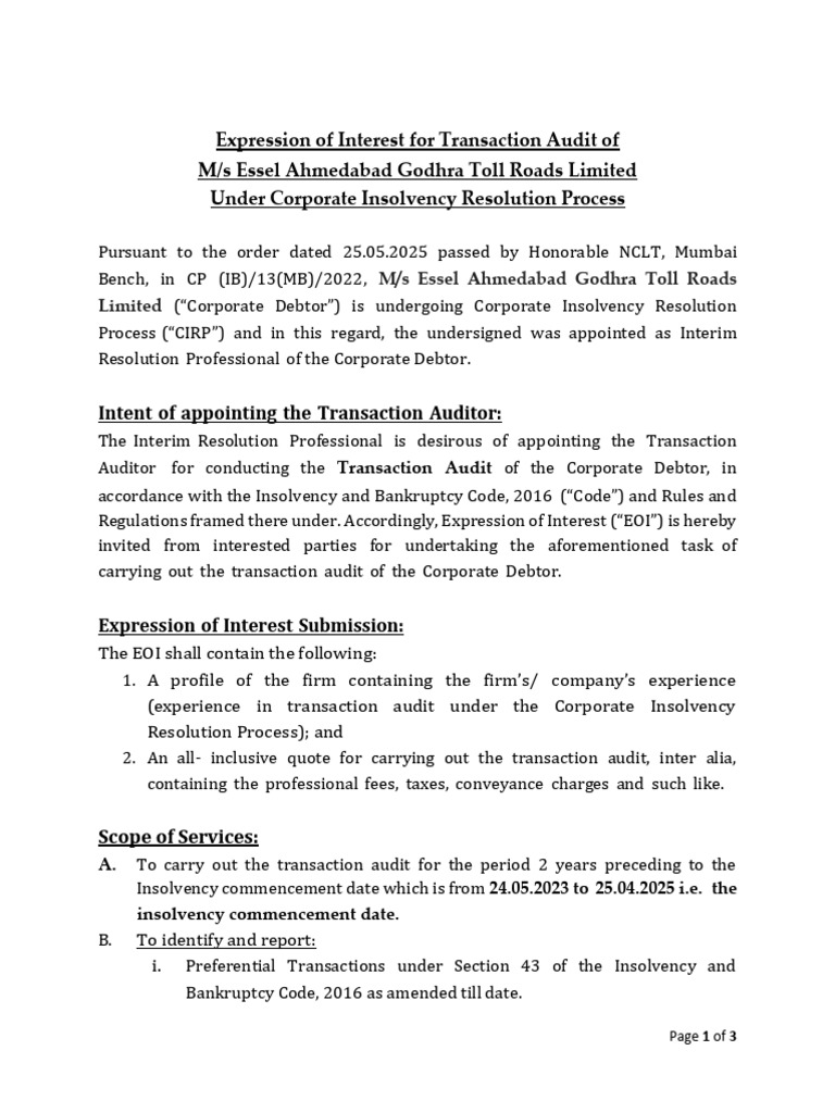 Invitation For EOI For Transaction Audit-Essel | PDF | Insolvency ...