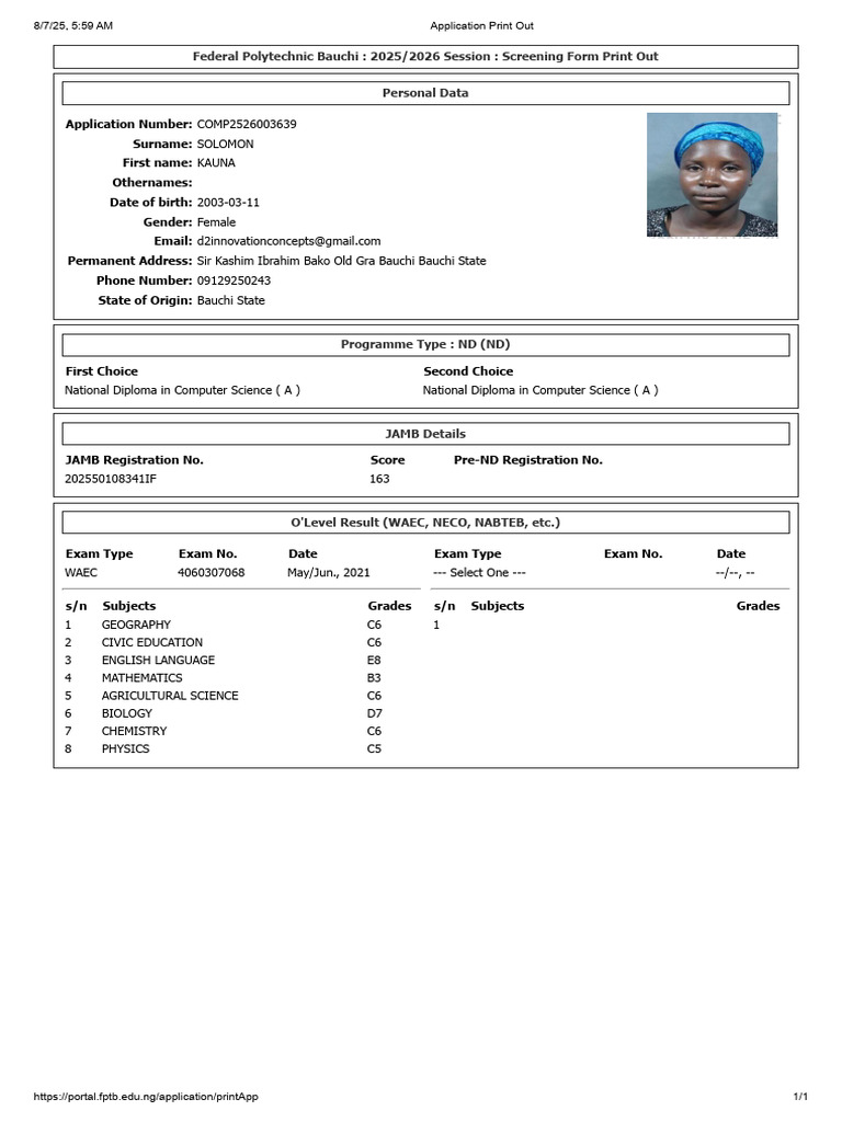 Bauchi Polytechnic Admission 2025 Form | PDF