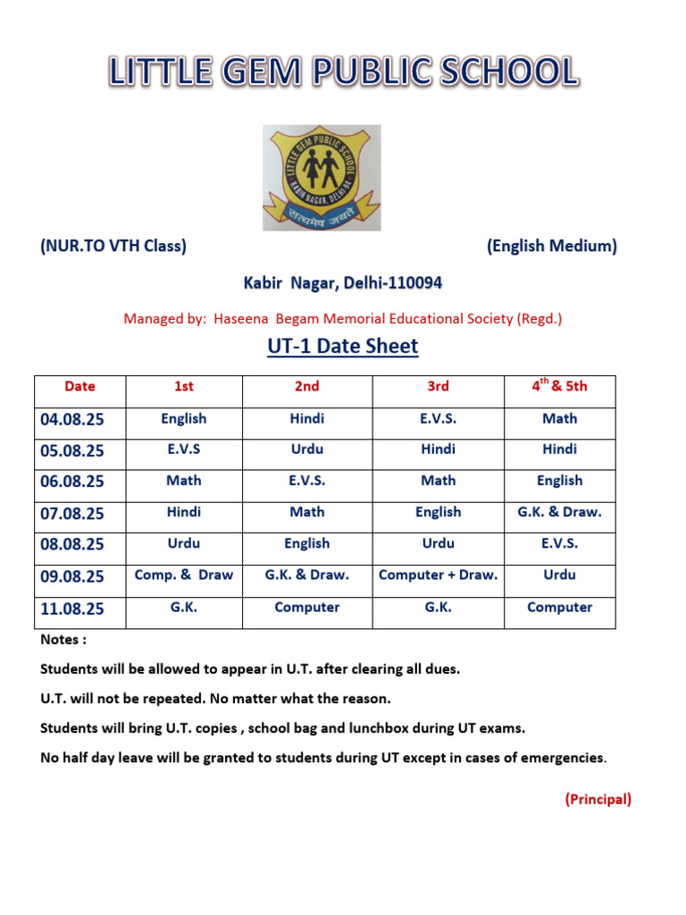NUR.VTH Class UT-1 Date Sheet 2025 | PDF