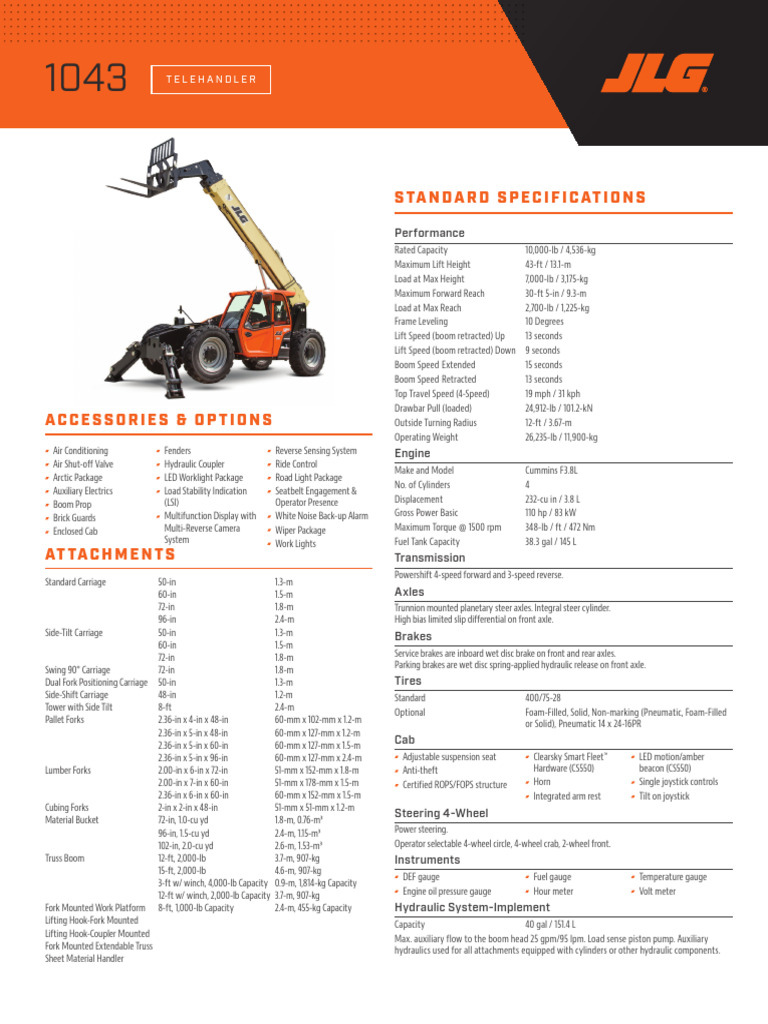 JLG 1043 Telehandler Specifications | PDF | Wheeled Vehicles | Vehicles