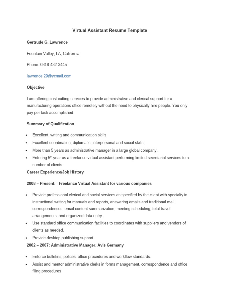 Virtual Assistant Resume Template | PDF