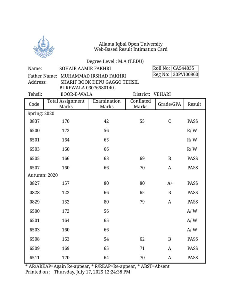 AIOU Online Web-Based Result | PDF